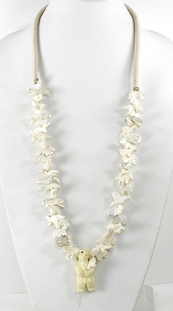 Stacked Animals necklace of bone with faux squaw wrap 30 inches long