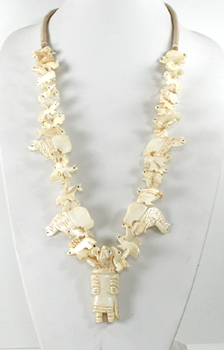 Stacked Animals necklace of bone with faux squaw wrap 30 inches long