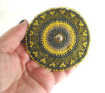 Lakota Large Hand Beaded Round Barrette with leather lined back BAR982