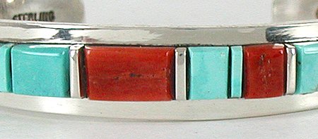Native American Navajo Bracelet Turquoise and Coral Inlay Sterling Silver