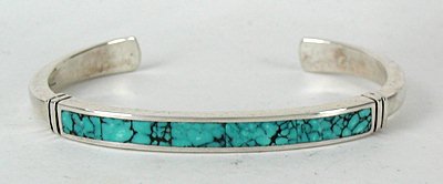 Native American Sterling Silver Turquoise Inlay Bracelet Navajo 6 1/4 inch
