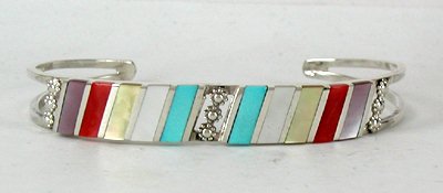 Native American Sterling Silver Multi-Stone Inlay Bracelet Zuni 6 1/4 inch