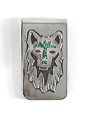 Richard Singer Navajo Sterling Silver Chip Inlay Wolf Money Clip MC564