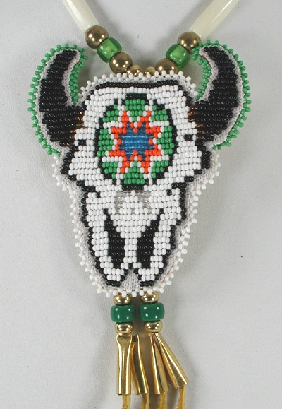 Alan Monroe Lakota Bead Necklace with Beaded Bison Skull Pendant NBJ-05