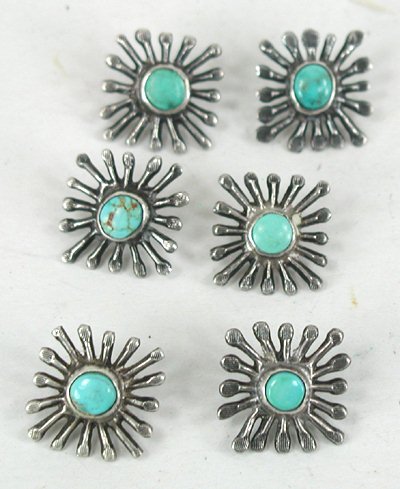 Six vintage sandcast sterling silver and turquoise Buttons