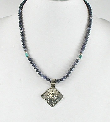 lapis bead necklace with stamped sterling silver pendant by Navajo ...