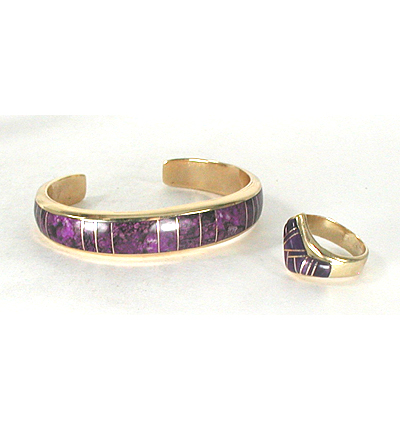 Pete Sanchez Isleta 14K Gold Charoite Bracelet and Ring Set S518