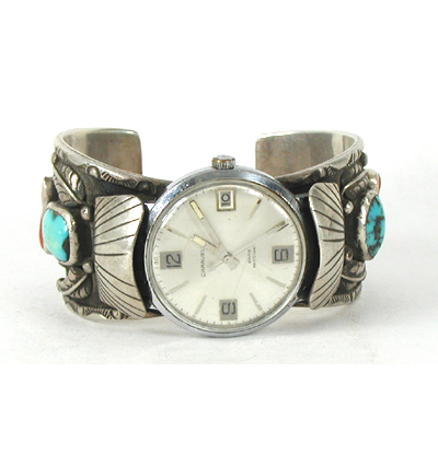 Vintage Sterling Silver Turquoise and Coral Watch Cuff W338