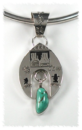 Jeff James Jr. Navajo Sterling Silver Turquoise Storyteller Pendant