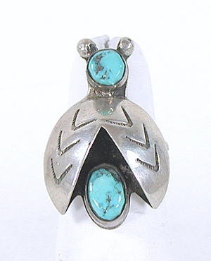 Vintage Bug Ring Turquoise and Sterling Silver size 6 VR281