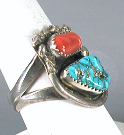 Clayton Tom Navajo Turquoise and Coral Sterling Silver Ring size 11 1/4 ...